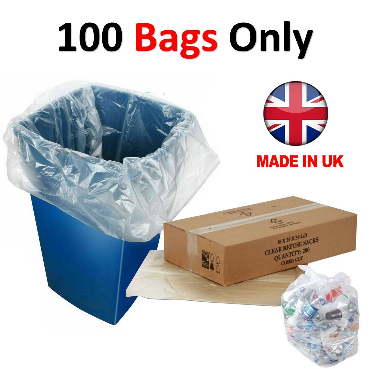 100 X Clear Refuse Sacks 140G Large Bin Liners Rubbish Waste Recycling ...