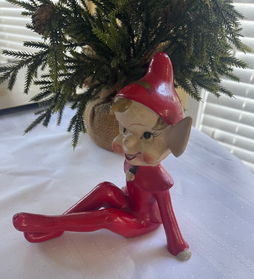 Vintage RELCO THAMES Large Pixie Christmas Red 6" ELF with Gold Heart ...