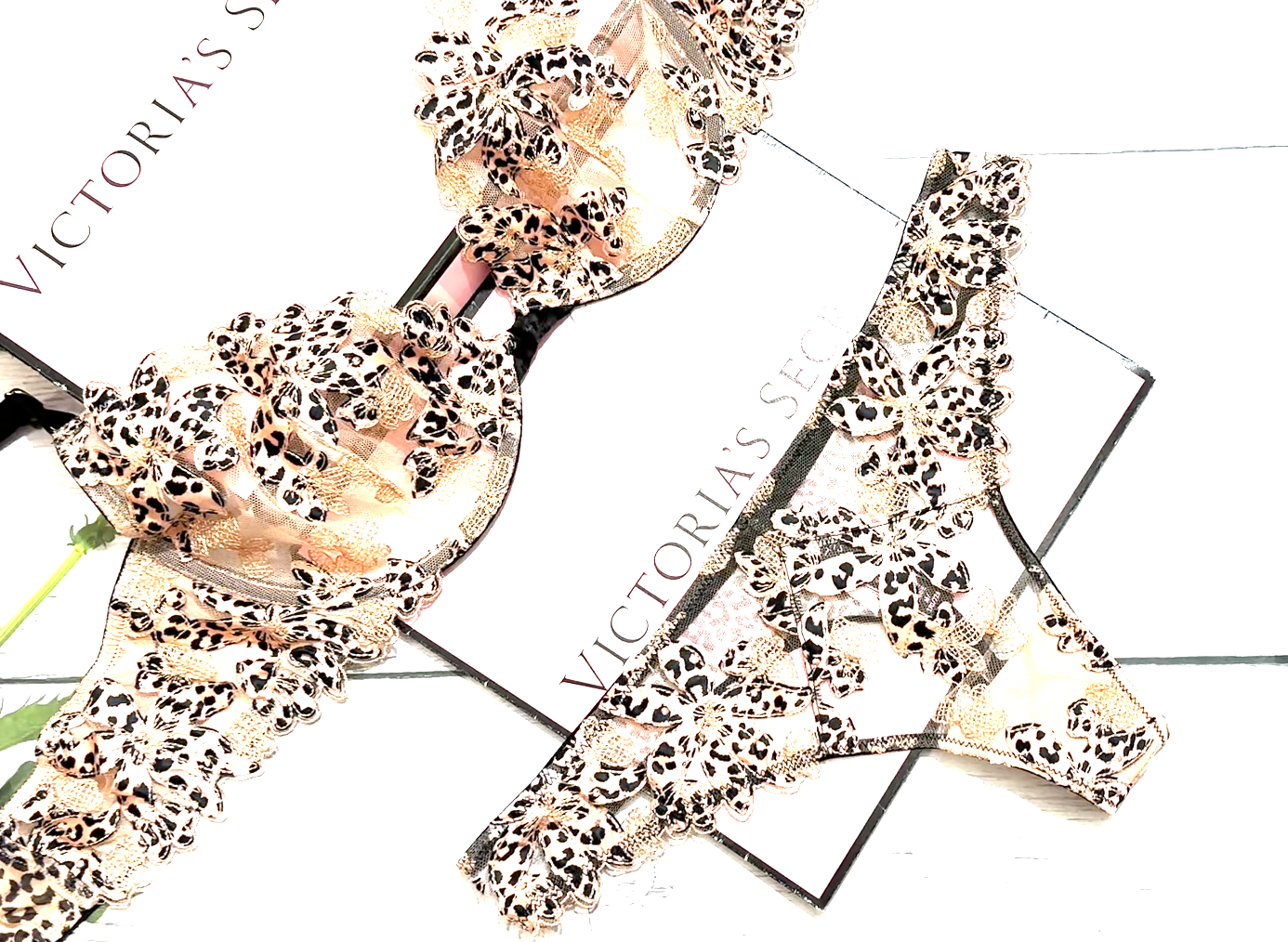 Victoria's Secret LUXE Unlined Floral Embroidered Demi Thong Bra Set ...