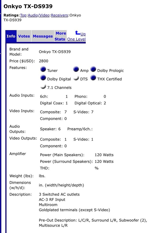 ONKYO INTEGRA TX-DS939 AUDIO VIDEO CONTROL TUNER-AMPLIFIER 120 W/Ch | eBay