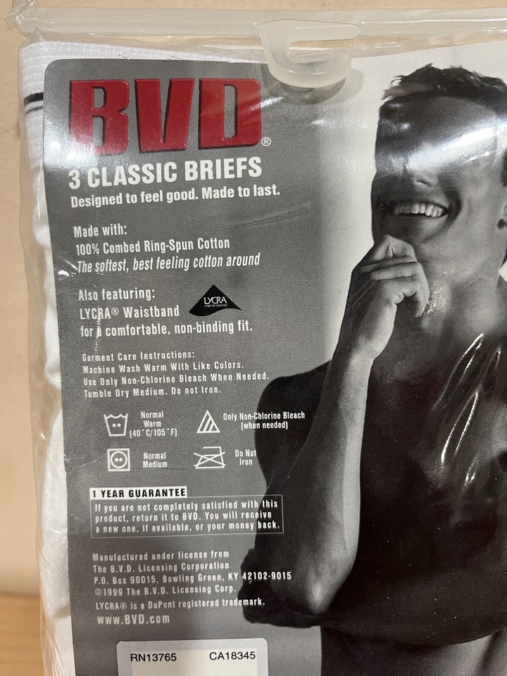 Vintage 1999 BVD Mens White Cotton Classic Briefs Underwear 3 Pack Size ...