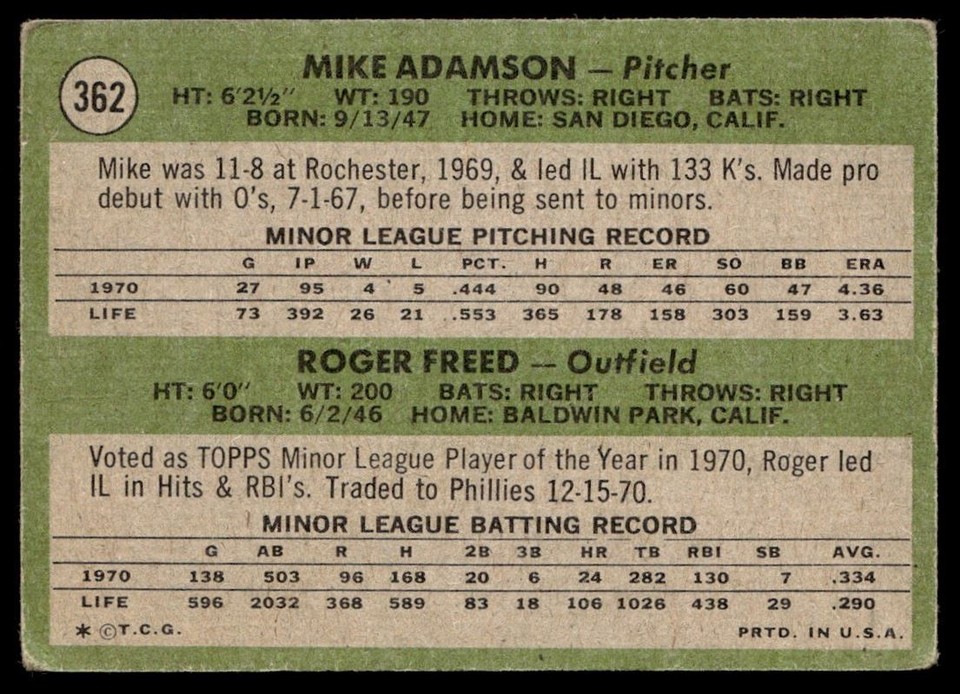 1971 Topps Orioles Rookies - Mike Adamson/Roger Freed RC #362 *Low ...