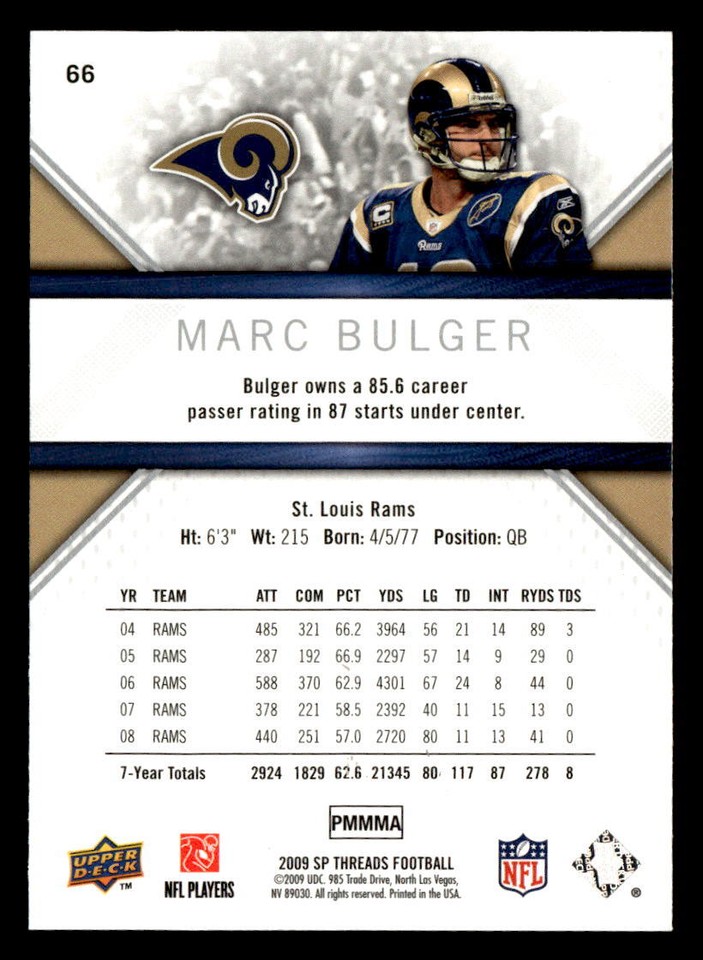Marc Bulger 2009 SP Threads Card #66 St. Louis Rams | eBay