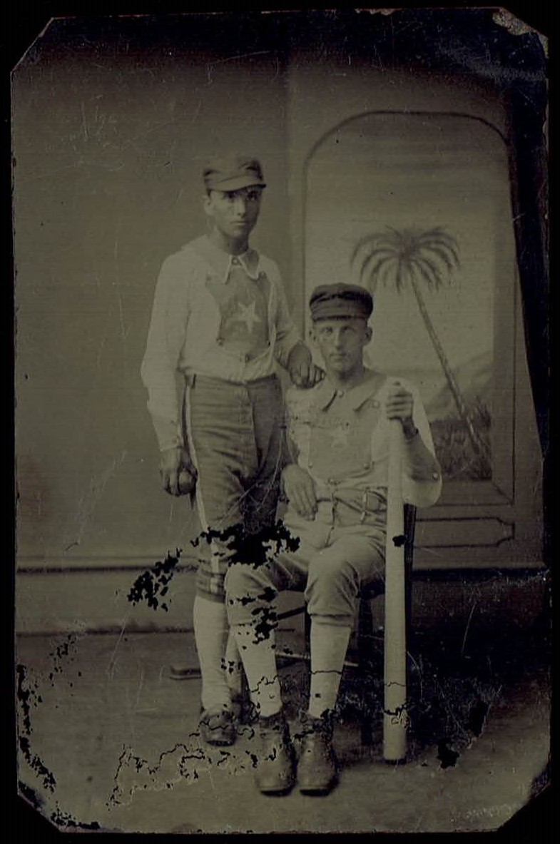 1870s - 1880s Baseball Tintype 2 Players, Bib Jerseys, Bat, Ball ...