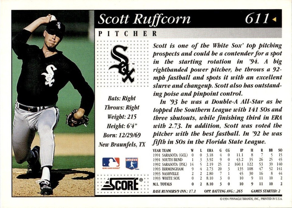 Scott Ruffcorn #611 Chicago White Sox 1994 Score Baseball Card | eBay