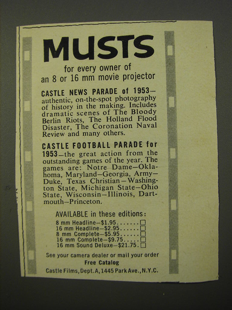 1954 Castle Films Ad - Musts for every owner of an 8 or 16mm movie ...