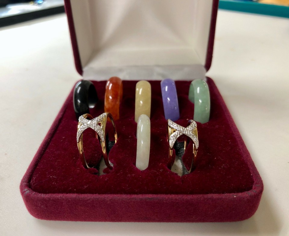 14K Yellow Gold Diamond 7 Multi Color Interchangeable Jade Ring Set | eBay