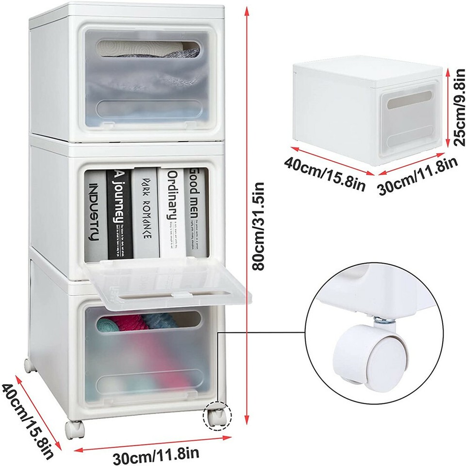 3 Drawers Storage Containers Plastic Organizer Lids Stackable Box Bins ...