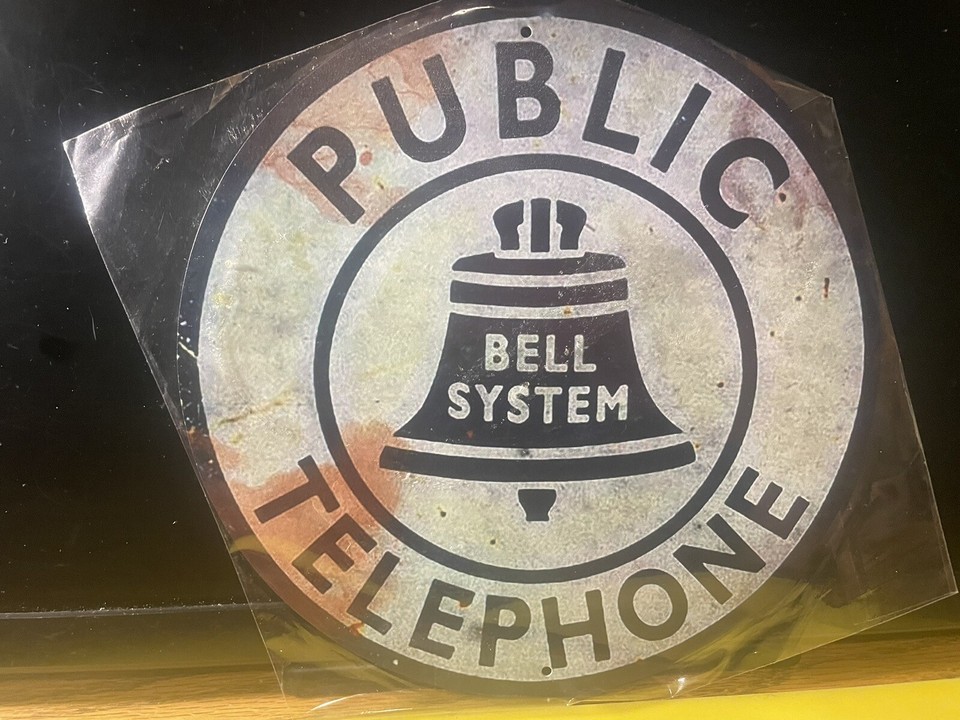 2- BELL SYSTEM PUBLIC TELEPHONE 8x12”L+8”DIA. METAL SIGNS NIP FOR SHOP ...