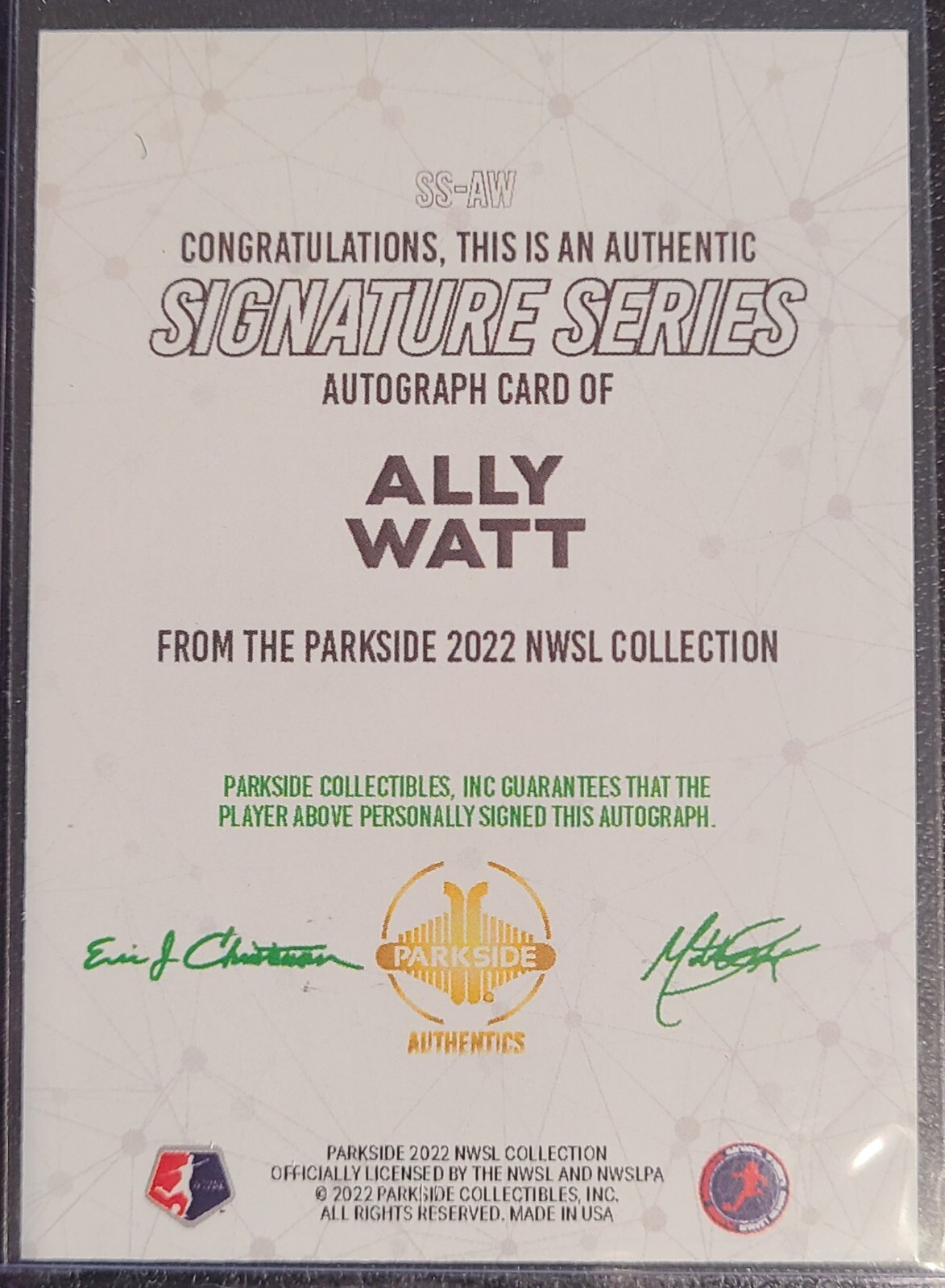 ALLY WATT 2022 PARKSIDE NWSL COLLECTION SIGNATURE SERIES ON-CARD AUTO ...