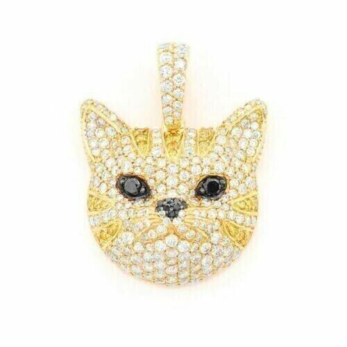 2Ct Round Cut Lab-Created Diamond Cat Face Charm Pendant 14K Yellow ...