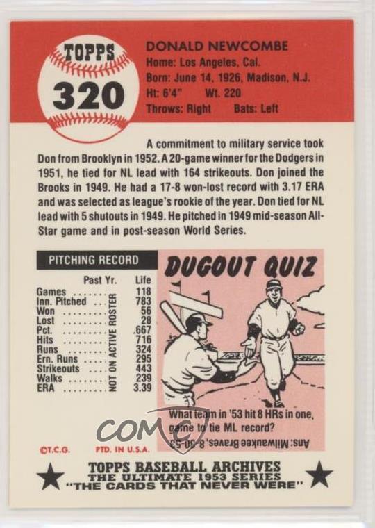 1991 Topps Archives The Ultimate 1953 Set Don Newcombe #320 | eBay