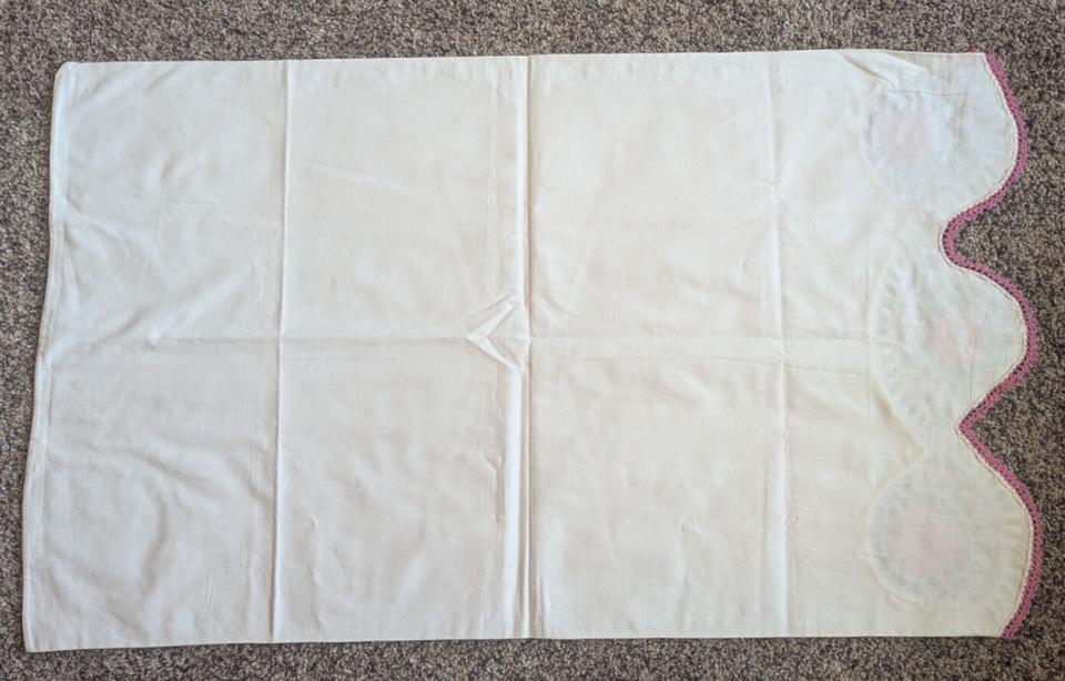 Vintage Pillowcase Cotton White with Pink Embroidered Flower Hem 35" x ...