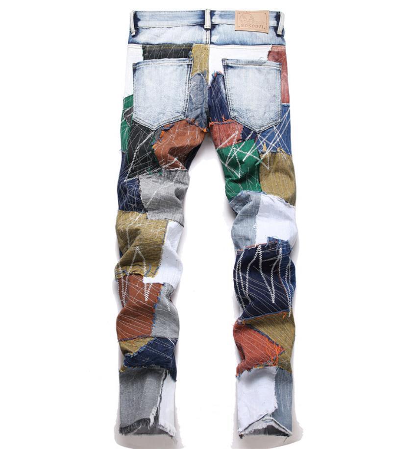 Men's Blue Denim Patch Mixed Straight Leg Punk Jeans Pants Hip Hop ...