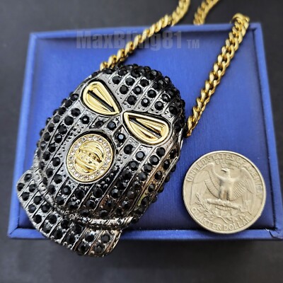 Hip Hop Iced Black Goon Mask Cubic Zirconia Pendant & Brass Cuban Chain ...