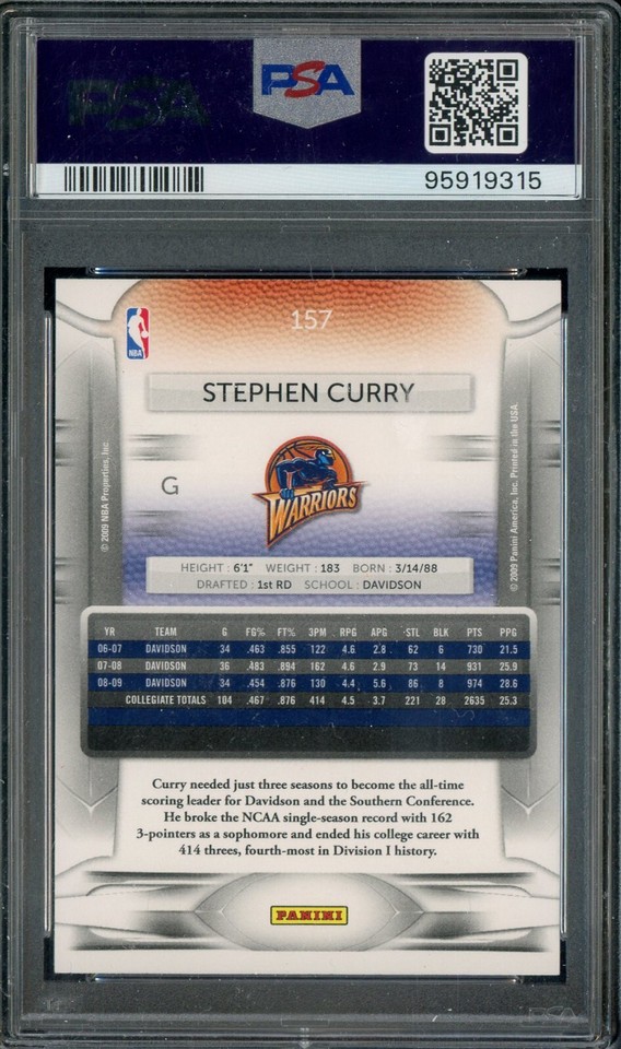 2009 Panini Prestige #157 Stephen Curry Warriors RC Rookie PSA 10 GEM ...