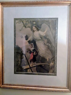 Antique Art of Angel Watching Over Little Girl Crossing Bridge | eBay