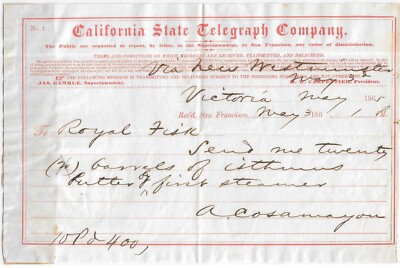 1865 California State Telegraph Company Telegraph from Victoria ...