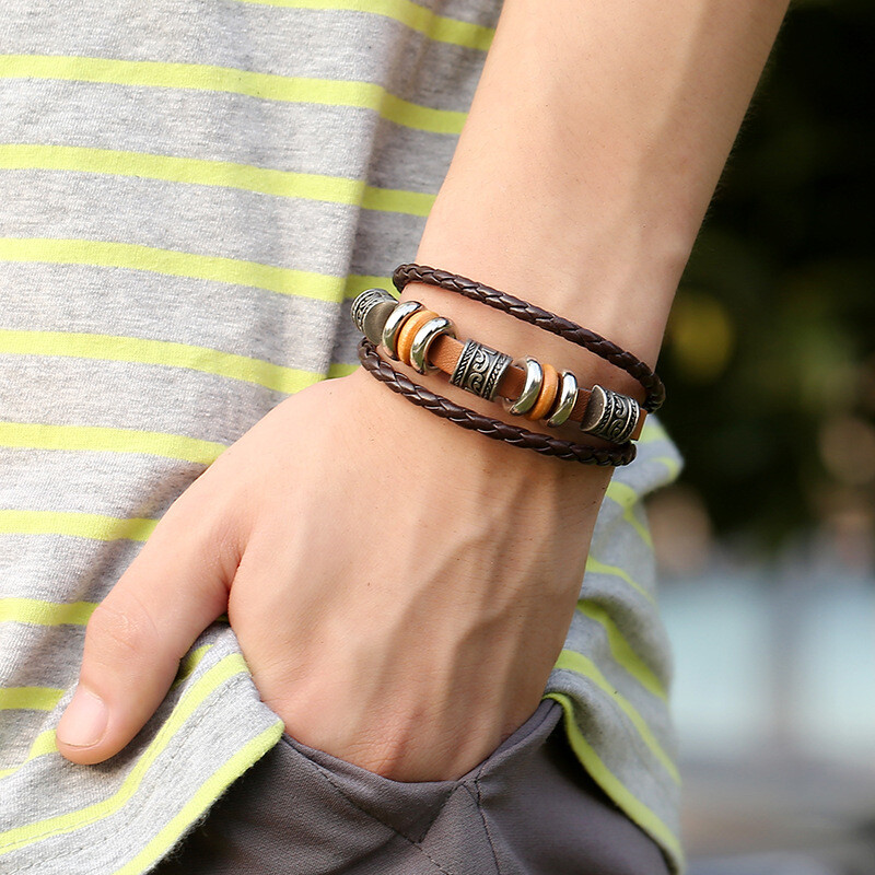 Vintage Hand Beaded Multi-Layered Leather Bracelet Fashion Popular Men ...