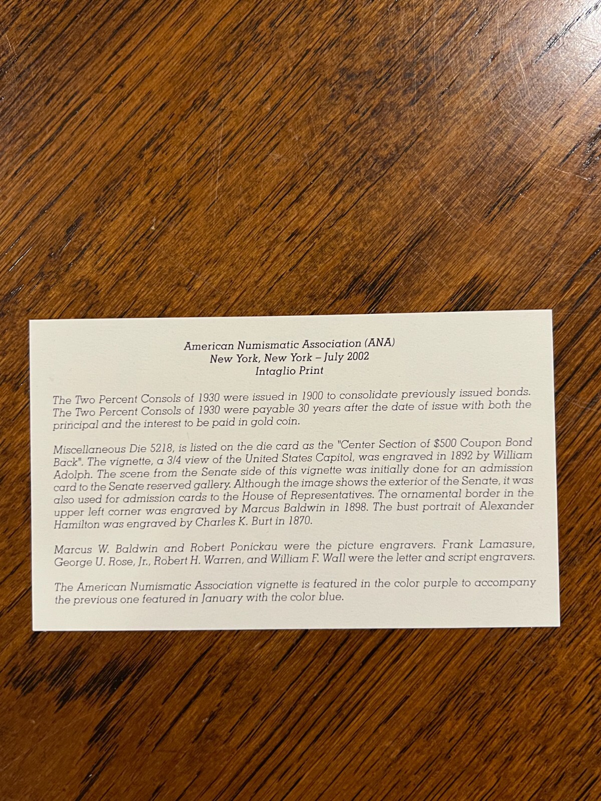 BEP Intaglio Print Souvenir Card B262 - Mint Card, Back 1900 2% Consol ...