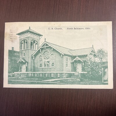 North Baltimore Ohio Postcard 1921 U.B. Church Building Wagner Post ...