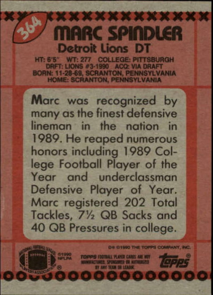 1990 Topps #364 Marc Spindler RC Rookie Lions DPK | eBay