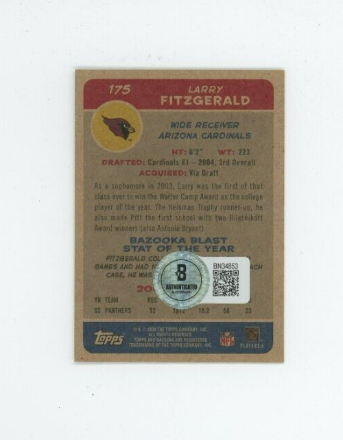 LARRY FITZGERALD AUTO Mini Rookie 2004 Topps Bazooka BAS COA Beckett ...