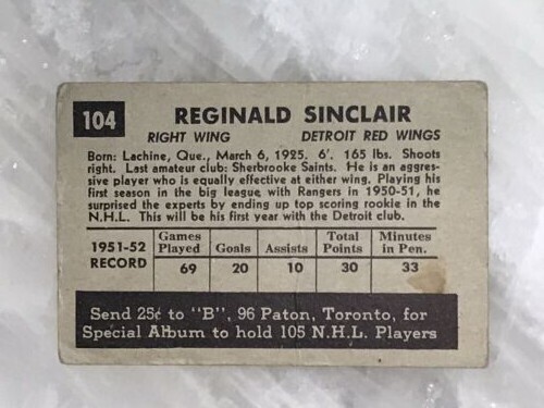 vintage 1952-53 Parkhurst hockey #104 Reginald Sinclair Red Wings SEE ...