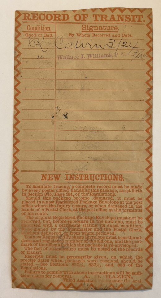 1886 ALLEGHANY CALIFORNIA RECORD OF TRANSIT USPOD REGISTERED PACKAGE ...