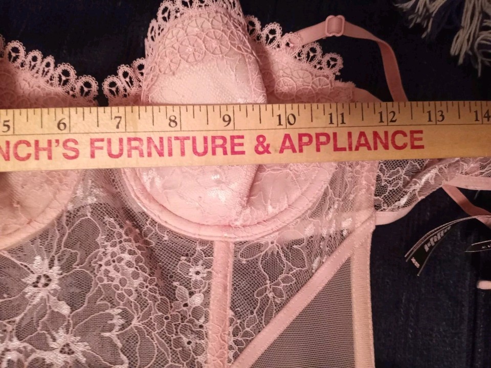 VICTORIAS SECRET 34B Pink Sheer Lace Mesh Strappy Boned Corset ...