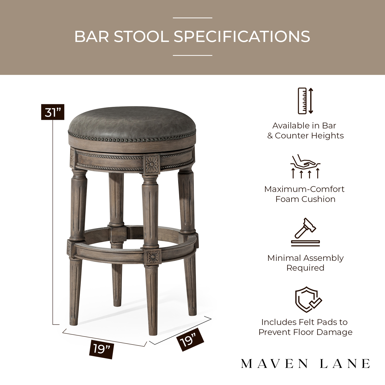 Maven Lane Pullman Bar Stool in Reclaimed Oak Finish w/ Vegan Leather ...