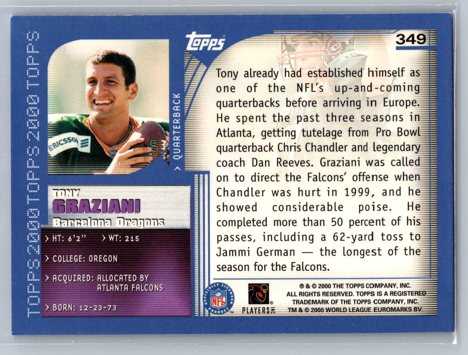 2000 TOPPS EUROPE PROSPECTS CARD # 349 Tony Graziani - Atlanta Falcons ...