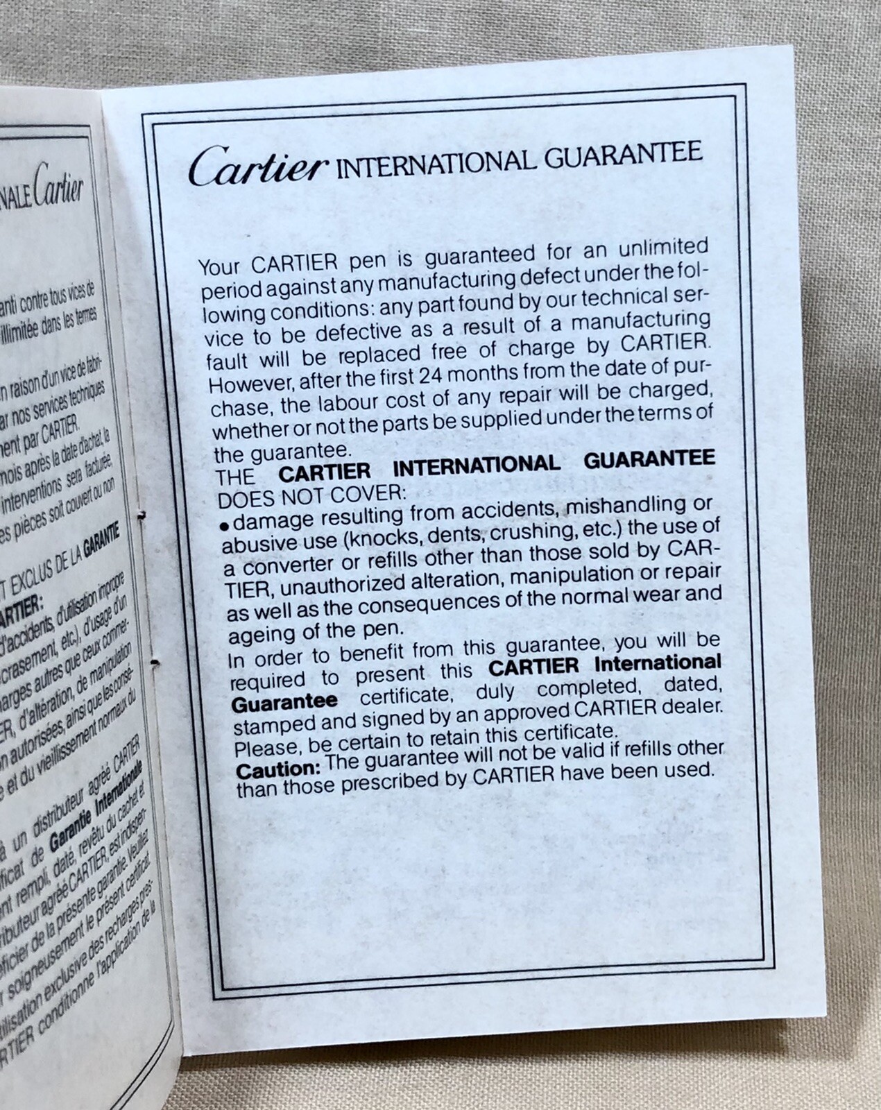 CARTIER BLANK Pen Stylo Guarantee Certificate Roadster Le Must Garantie ...