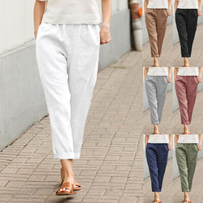 Women Cotton Linen Big Pocket Thin Pants Elastic Waist Pant Lady Summer ...