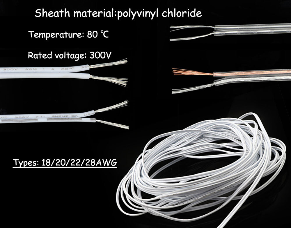 2-Pin Tinned Copper Wire PVC Sheathed Power Wire 2-Core Audio Cable 18 ...