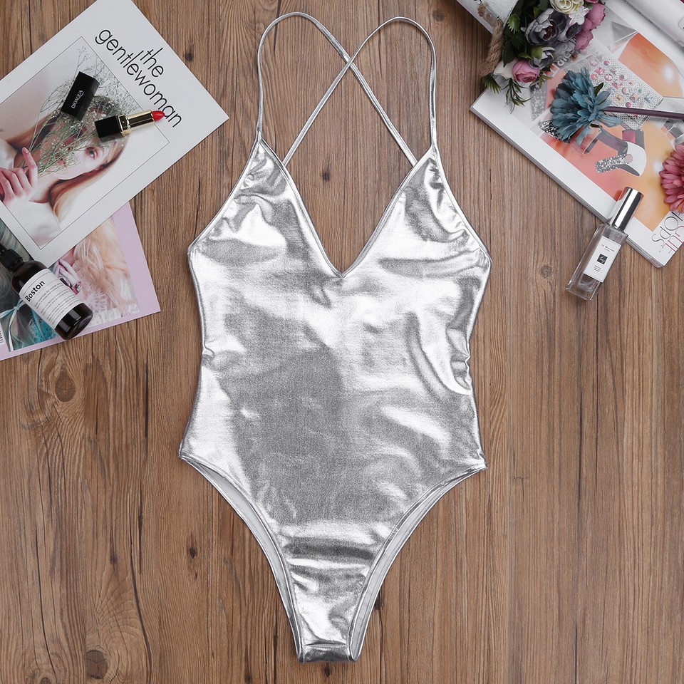 Women PVC WetLook One Piece Monokini Swimwear Leotard Shiny Bodysuit ...