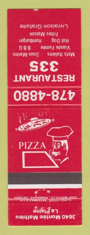 Matchbook Cover - Restaurant 335 Pizza La Plaine QC | eBay