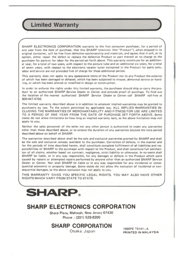 Sharp Linytron 13LM56 Color Television Operation Manual 1977 vintage ...