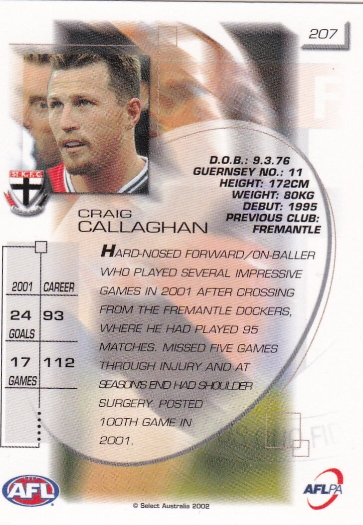 AFL 2002 Select St.Kilda Saints - Craig Callaghan Card No.207 | eBay ...