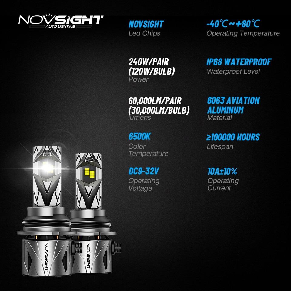 NOVSIGHT 9007 LED Headlight Bulbs High/Low Beam 60000LM Extremely ...