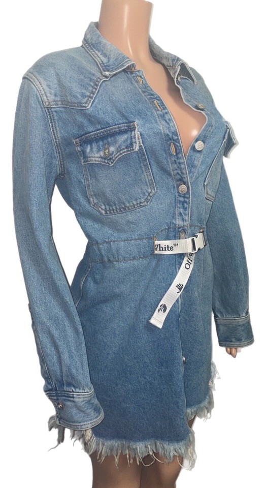 Off White Snap Close Denim Boxy Jacket Dress Sz 40 Celebrity Belted ...