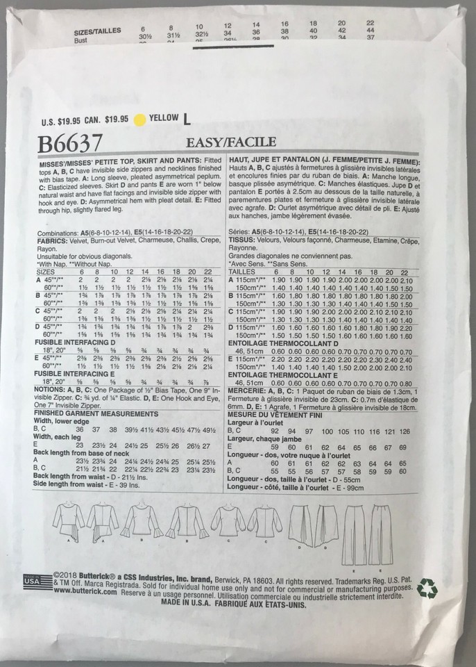 Butterick Pattern 6637 Top, Skirt, Pants Sz 6-14 Misses and Misses ...