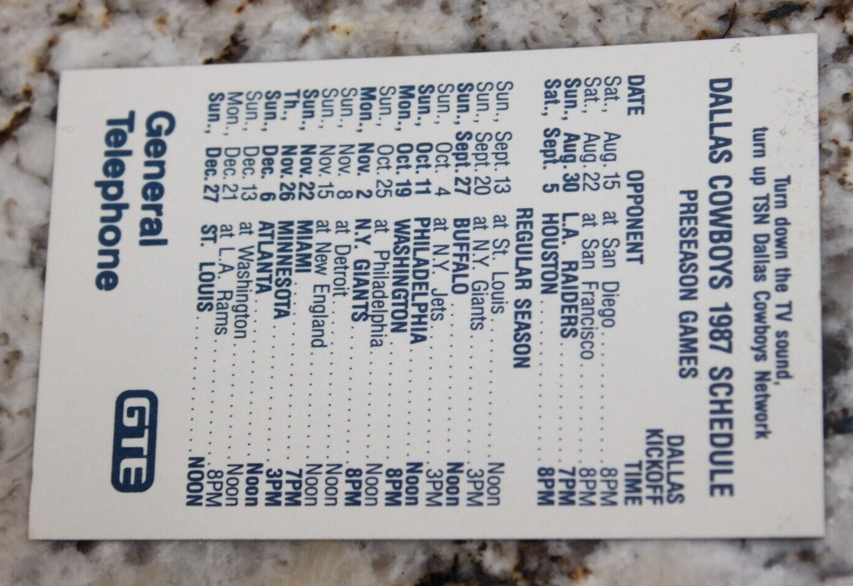 NFL 1987 DALLAS COWBOYS Football Schedule TSN RADIO NETWORK GTE. Lot of ...