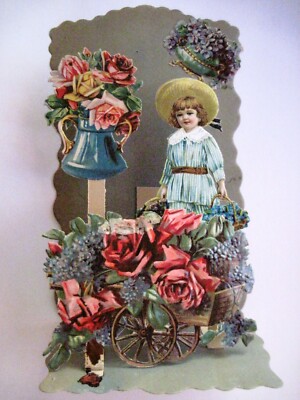 Lovely Pull Down Die Cut Scraps Valentine w/ Girl, Vase w/Roses & Cart ...
