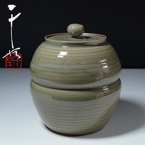 Kuroi Chiza Mushimei Suisashi Tea Container Moss Green Okayama Pottery ...