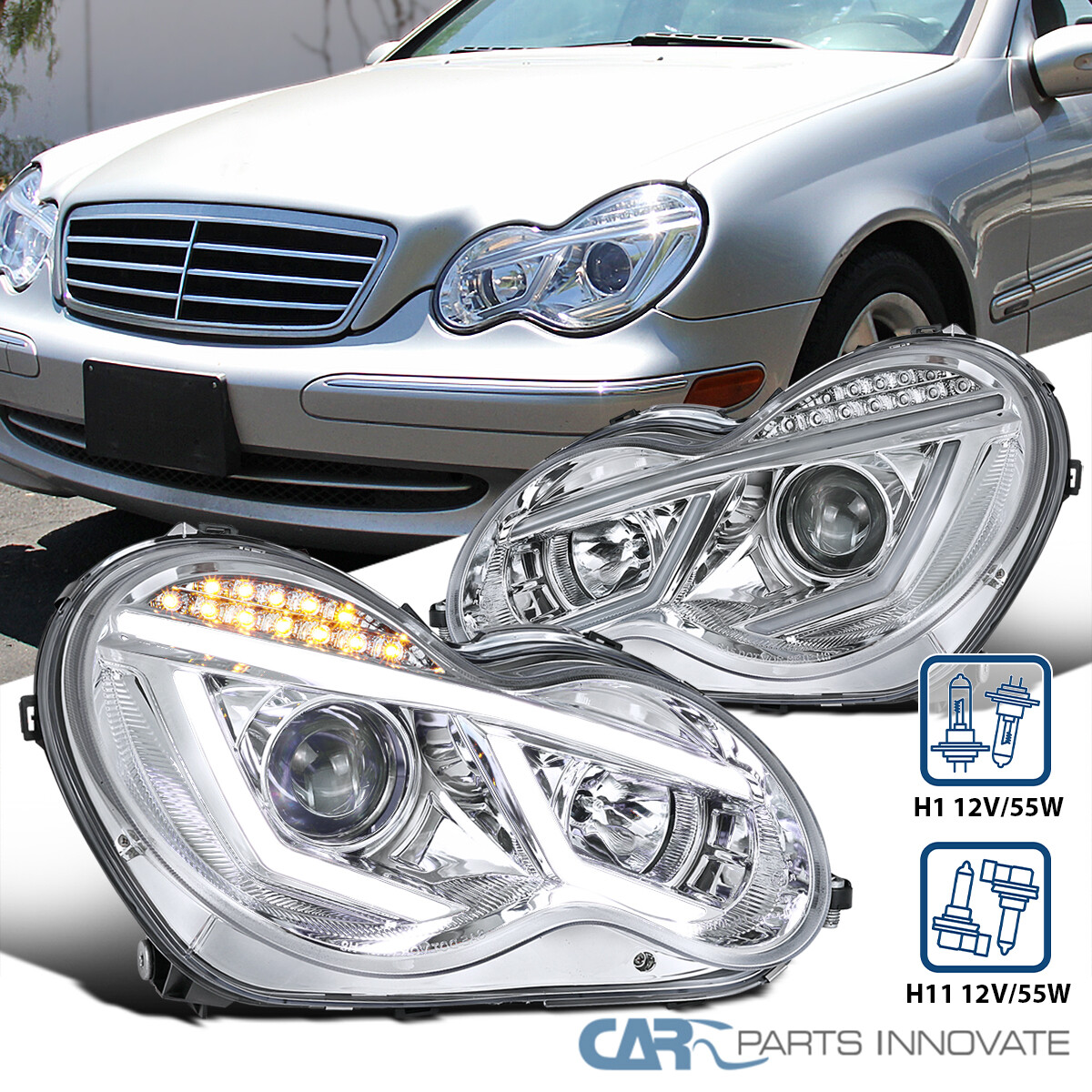 Fits 2001-2007 Mercedes Benz W203 C230 C240 LED Strip Projector ...