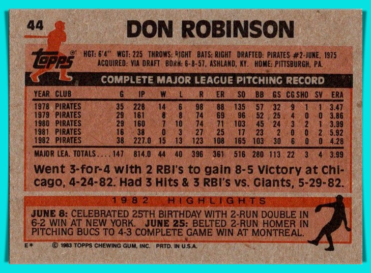 1983 Topps Baseball #44 Don Robinson Pirates | eBay