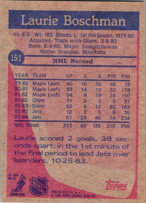 1984 Topps #151 Laurie Boschman Good | eBay