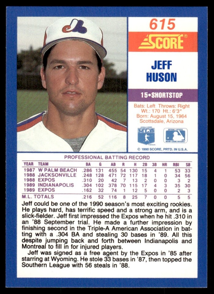 Jeff Huson #615 Montreal Expos 1990 Score Baseball Card | eBay