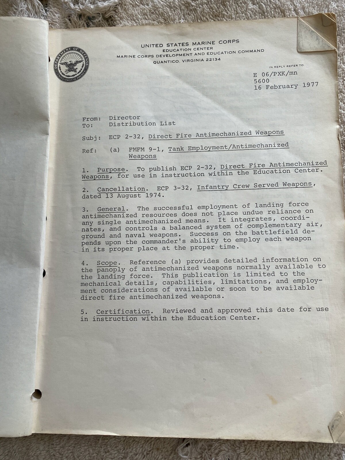 ECP-232 Direct Fire Anti mechanized Weapons 1977 Marine Corps | eBay